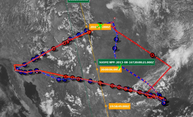 Figure1: Flight track of ER-2 (blue) and DC-8 (red) for ER-2 science flight #3, August 16, 2013 ...